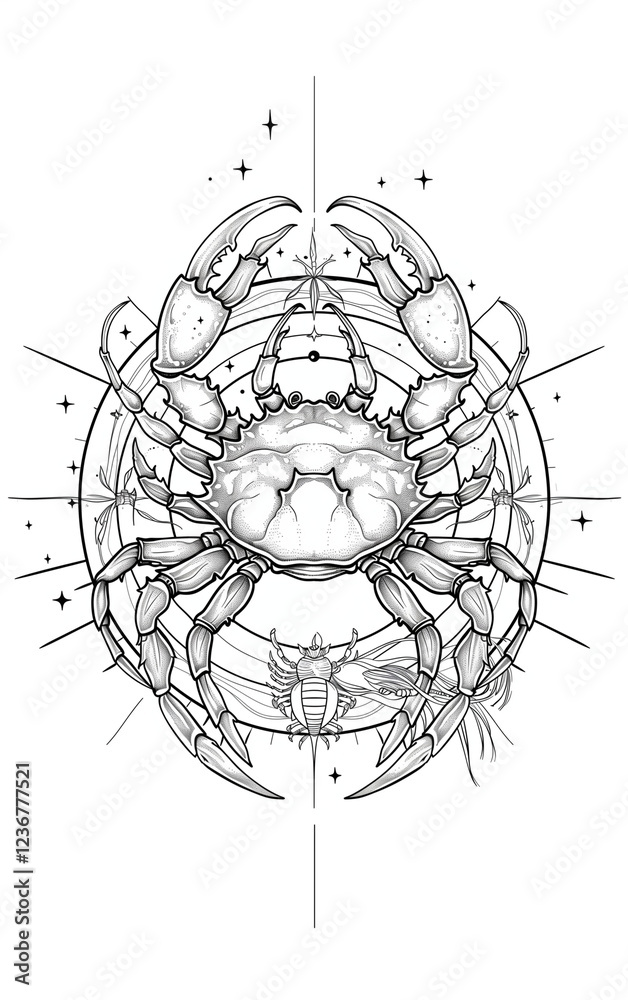 Cancer Zodiac Mandala Illustration. Antistress coloring book. Zentangle ...