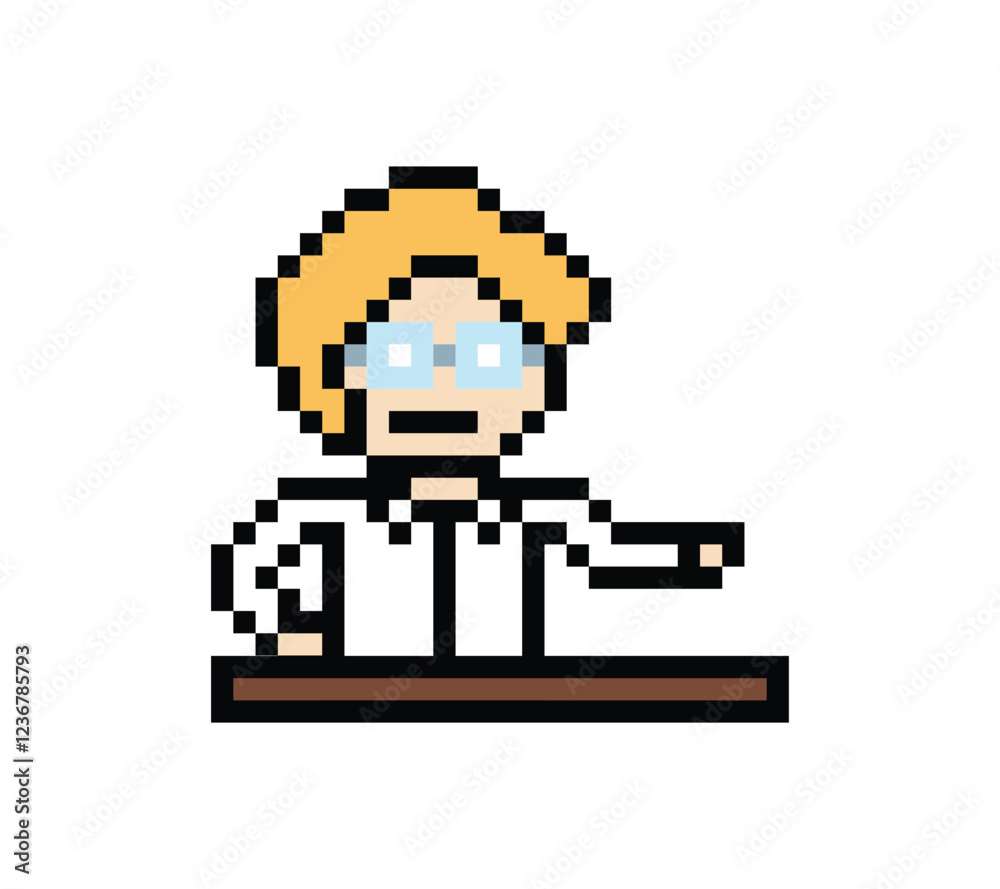 Cute pixel cartoon 8bit character man doctor or scientist game care ...
