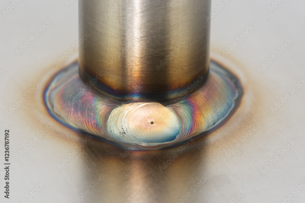 Circular TIG weld on a 20mm stainless steel tube attached to a plate ...