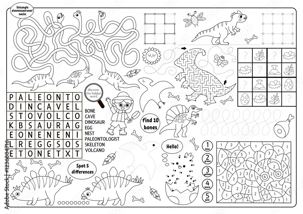 Vector dinosaur placemat for kids. Prehistoric printable activity mat ...