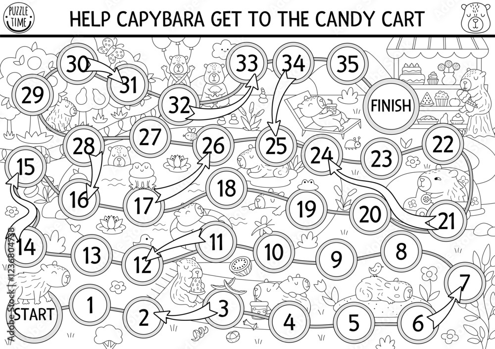 Capybara black and white dice board game with nature background ...