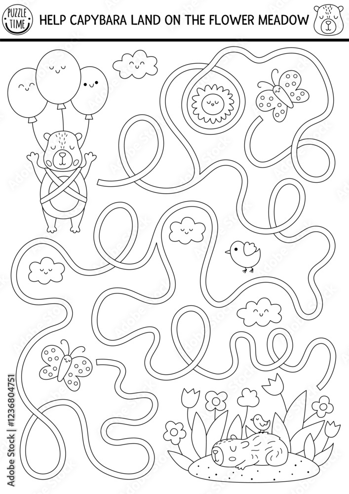 Black and white maze for kids with capybara flying on balloons to ...