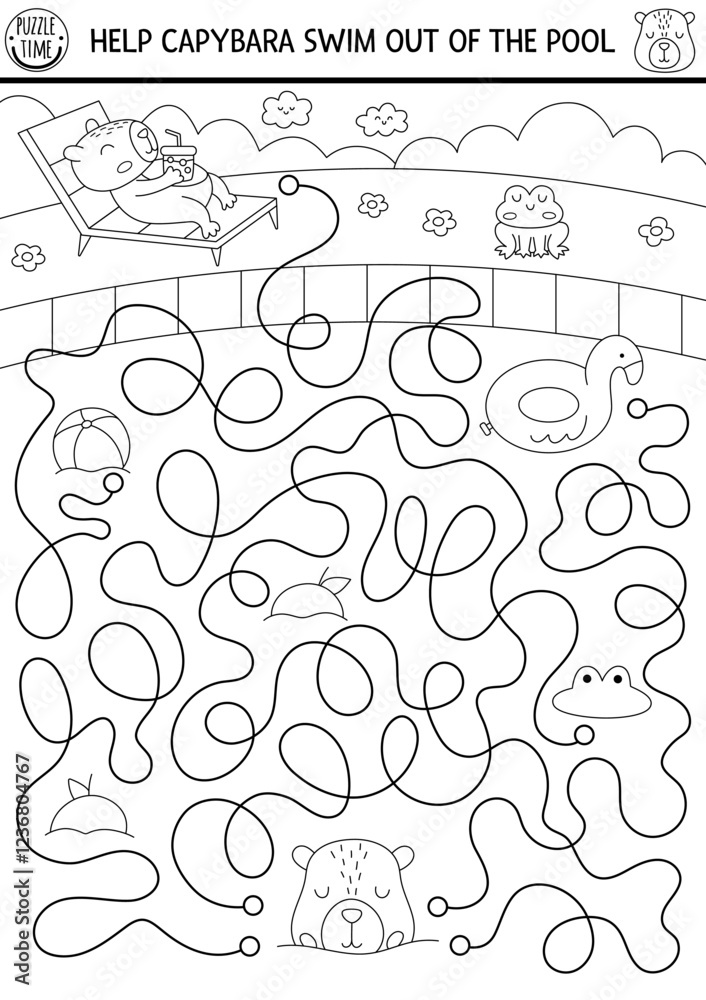 Black and white maze for kids with capybara swimming in pool, relaxing ...