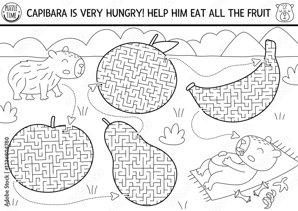 Capybara black and white maze for kids geometrical fruits. Hungry ...