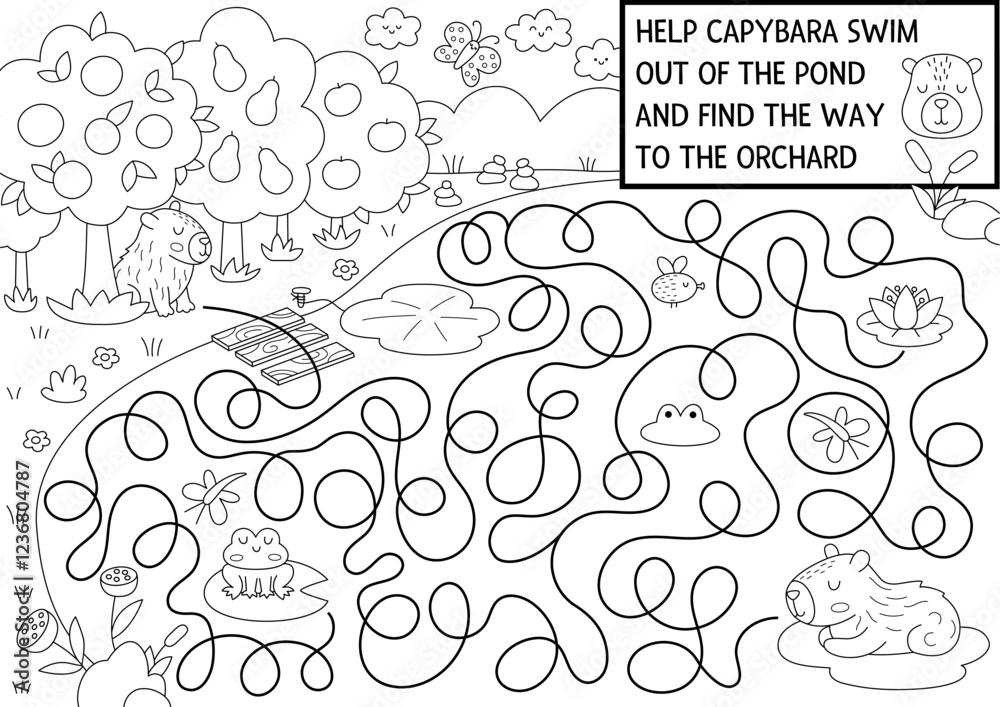 Fun black and white maze for kids with capybara swimming out from pond ...