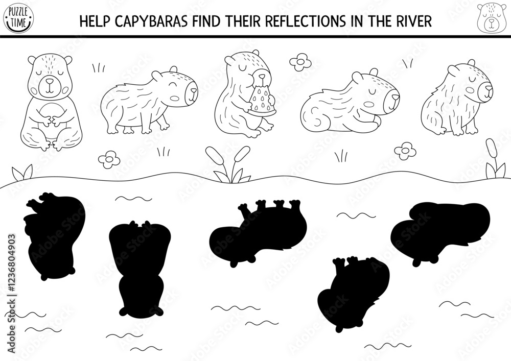 Capybara black and white shadow matching activity with animals looking ...