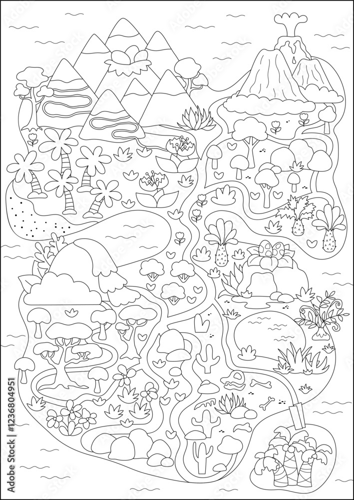 Vector black and white empty ancient continent map. Dinosaur landscape ...