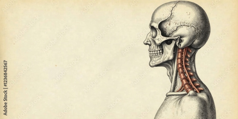 Detailed anatomical drawing of a human skull and cervical spine in ...