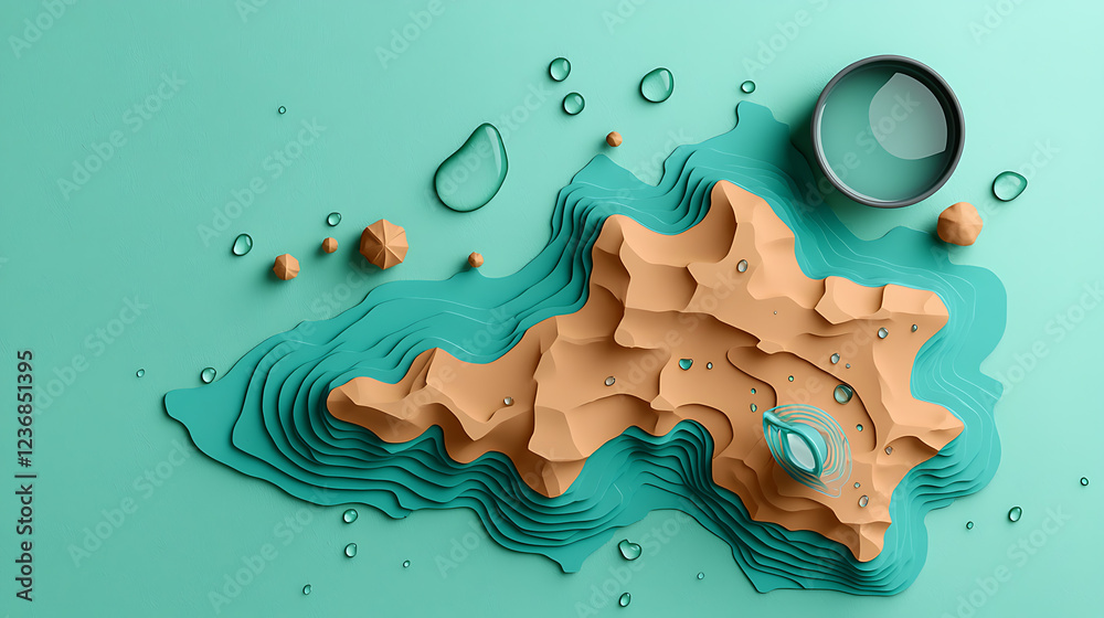 Topographic rainfall map visualization with water droplets and terrain ...