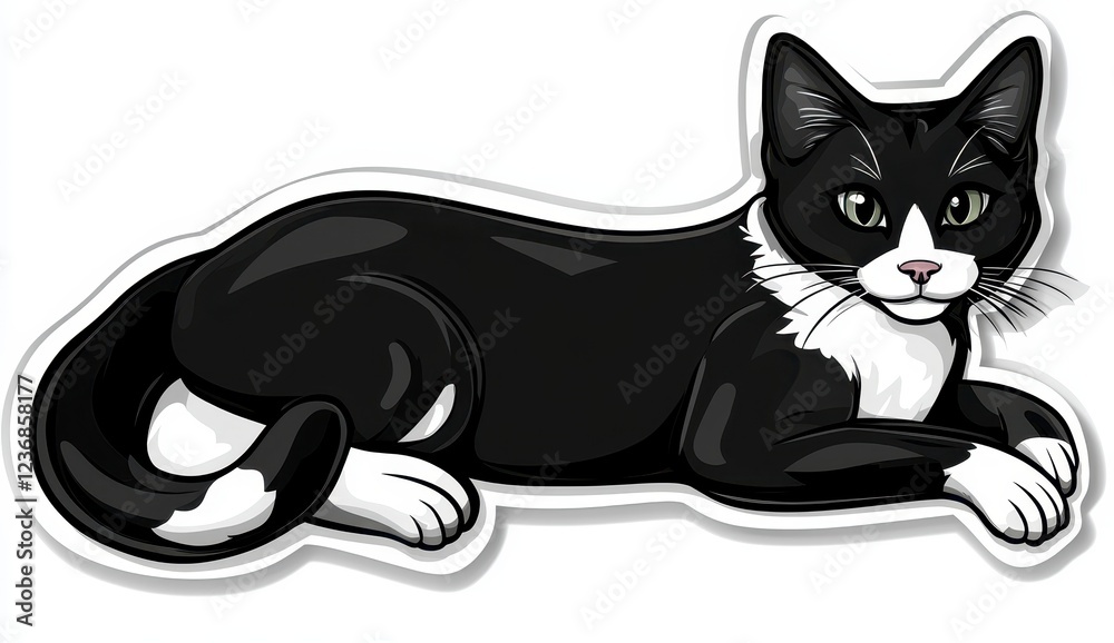 Black and white tuxedo cat lying down, pixel art style, white ...