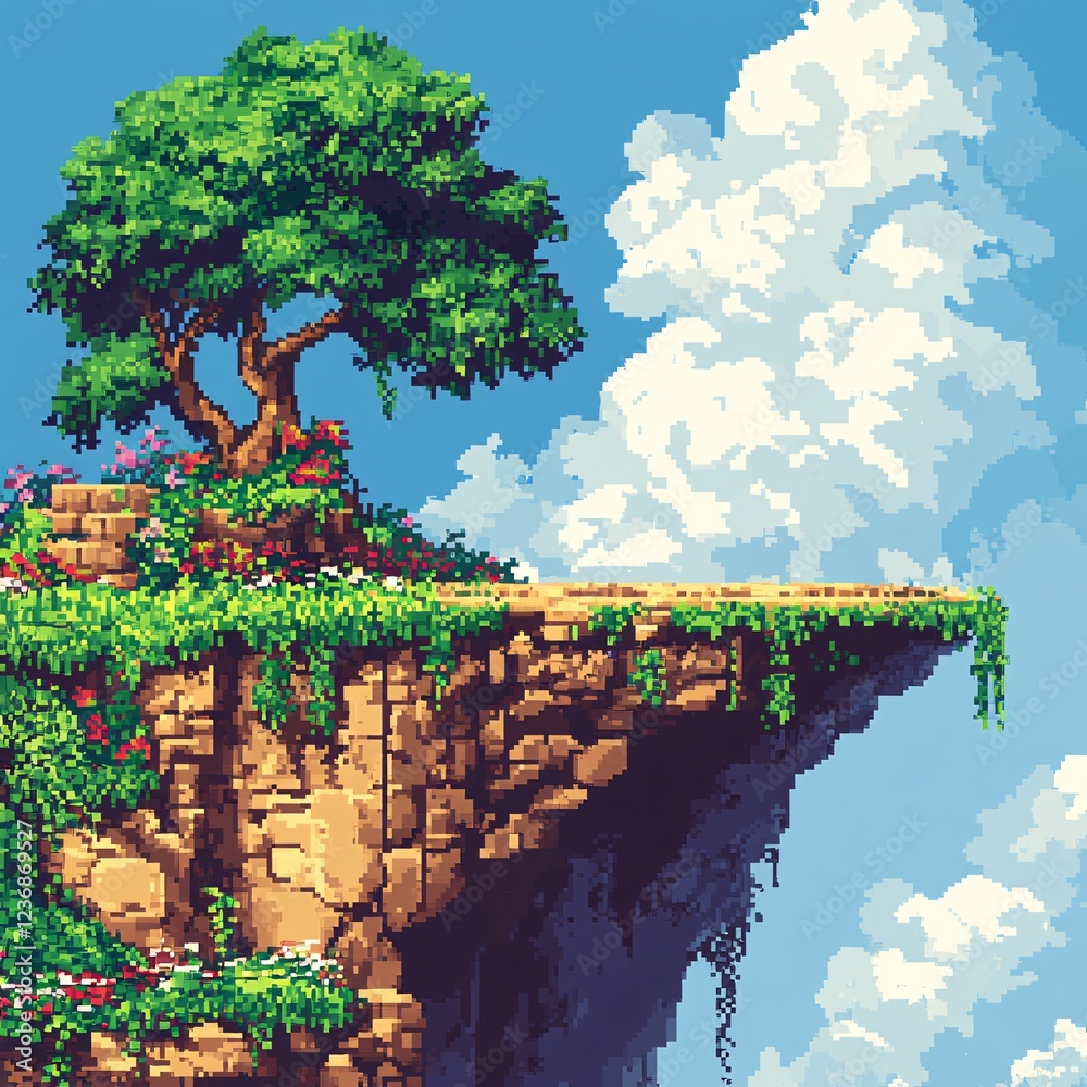 Vibrant Pixel Art Landscape Featuring a Tree and Lush Flora on a ...