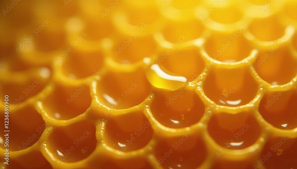 Honeycomb cells filled with a single drop of golden honey ...