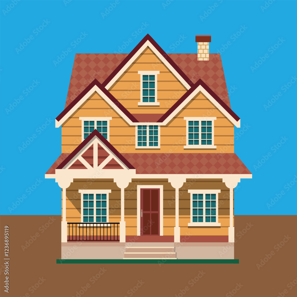Two-story wooden house with windows and veranda, front view vector ...