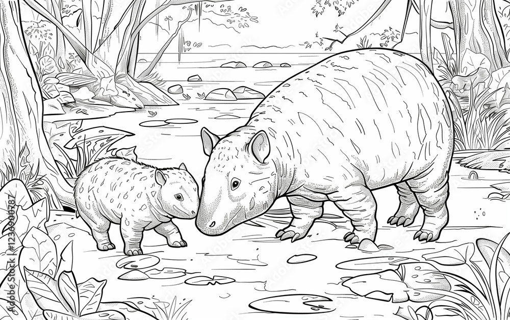 Mother and Baby Tapir Coloring Page. Jungle Wildlife Coloring ...