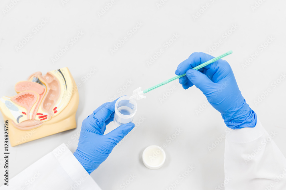 Doctor demonstrates cervical cancer screening on white background ...