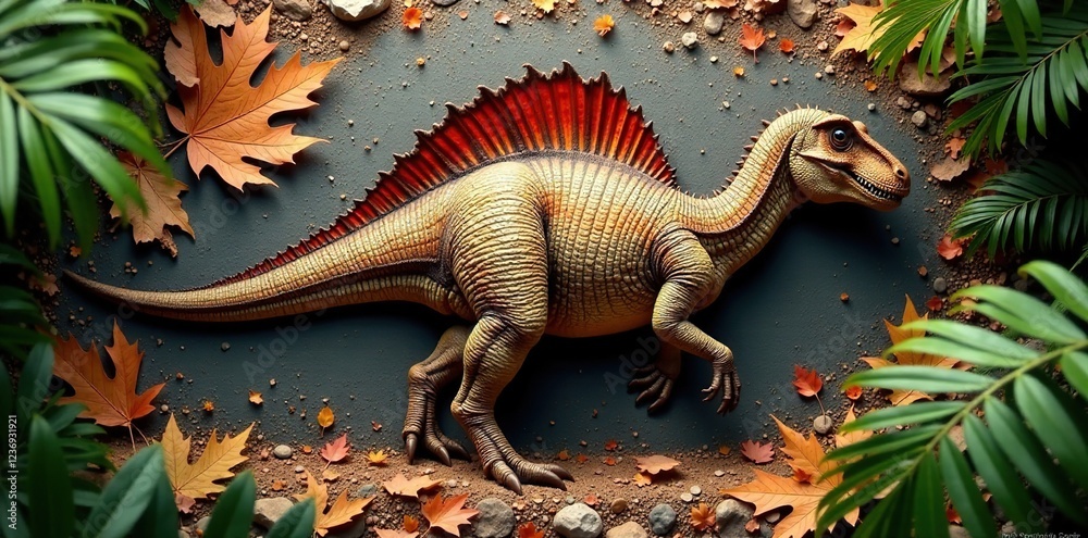 Palm tree leaves scattered around a fossilized Giganotosaurus carolinii ...