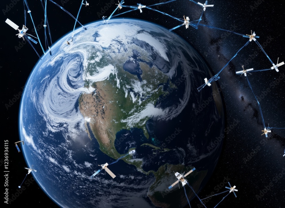 Many satellites flying over the earth as seen from space, connecting ...