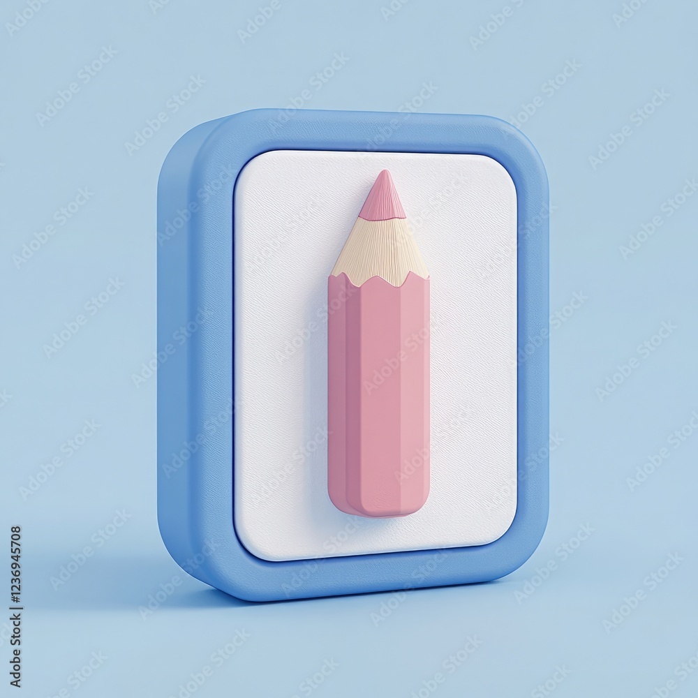3D icon of a pencil drawing an album cover, white background, blue and ...