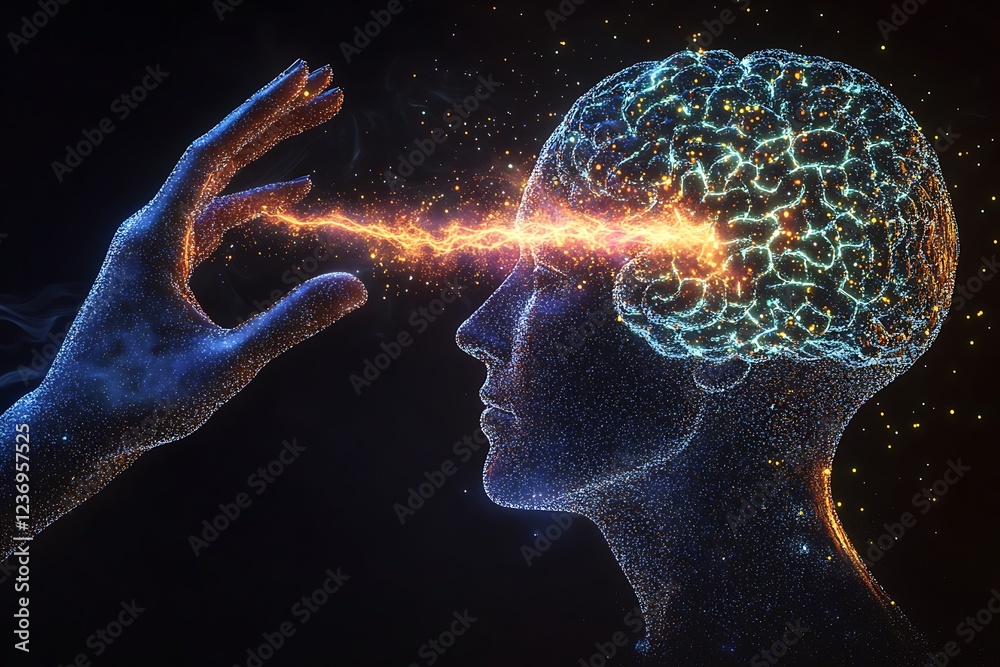 High-resolution 3D graphic of a hand casting digital spells on a head ...