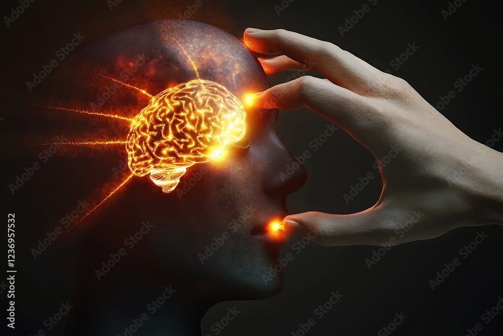 High-resolution 3D of a hand activating a digital head with a brain ...