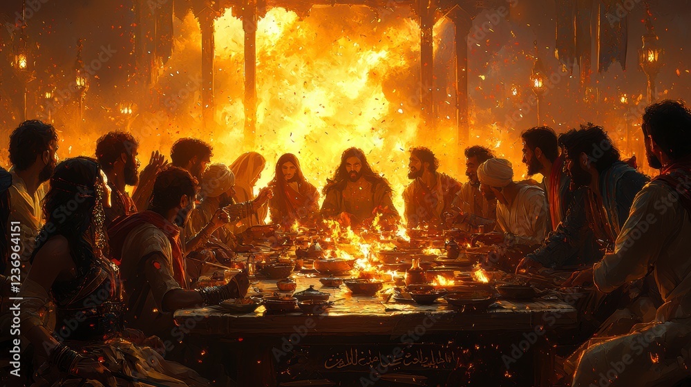 Jesus' Last Supper, fiery Middle Eastern setting, religious artwork ...