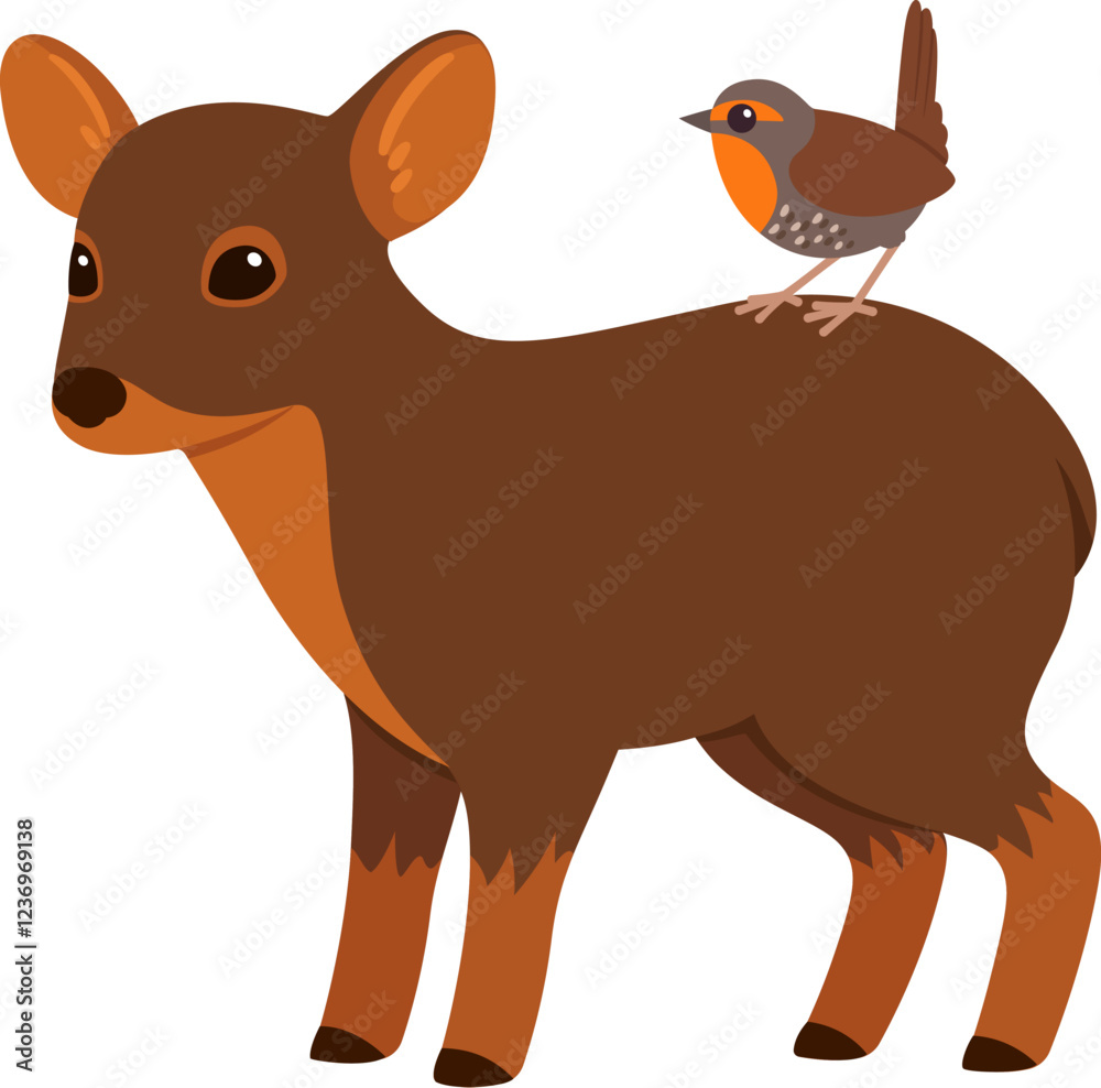 Pudu deer and Chucao bird, wildlife symbols of Chile. Simple flat ...