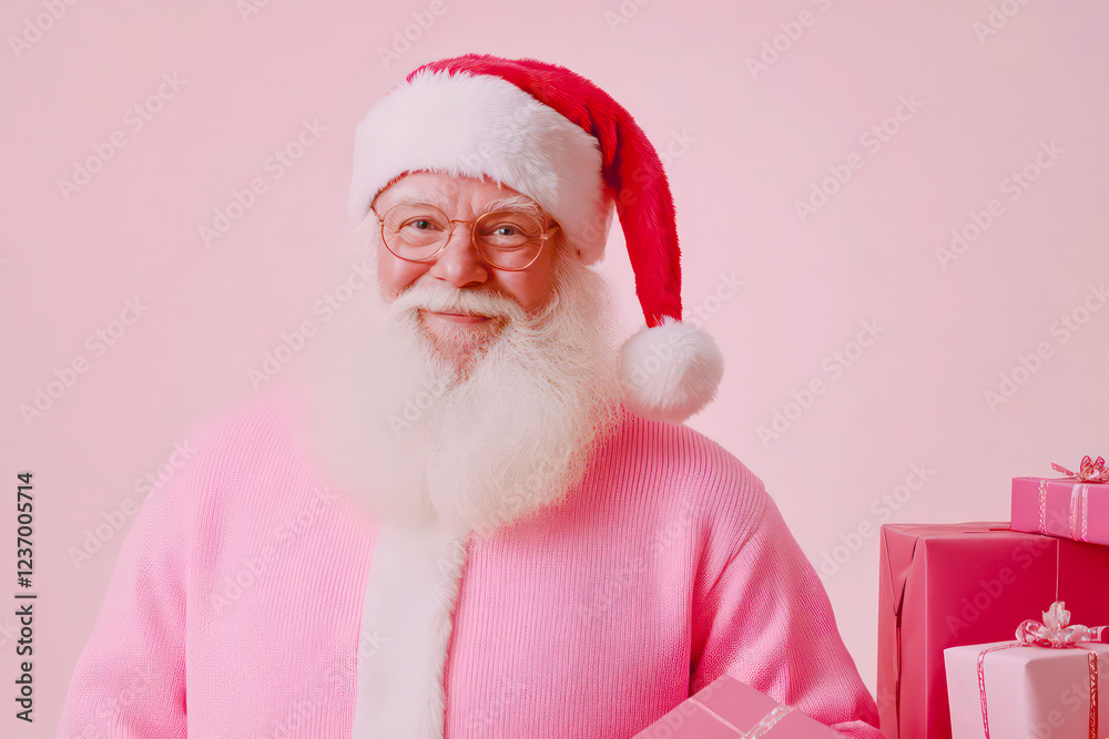 happy smailing cute Santa Claus in a pink Santa suit, standing near ...