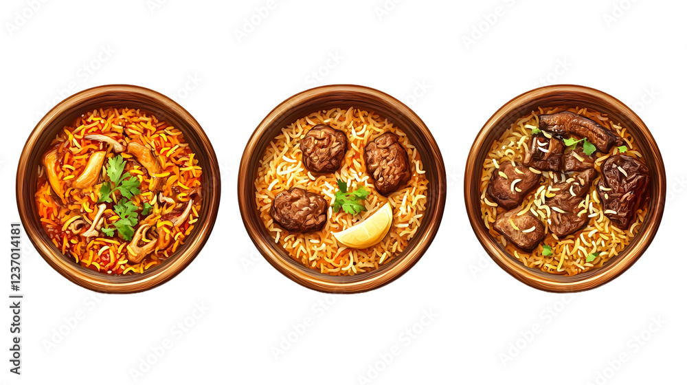 Set of mutton biryani beef biryani, flat lay top view, isolated on a ...