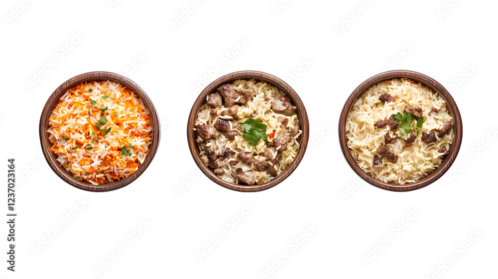 Set of mutton biryani beef biryani, flat lay top view, isolated on a ...