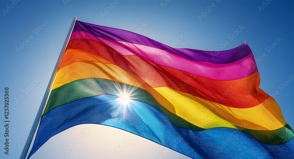 rainbow flag against the blue sky, symbol of tolerance and acceptance ...