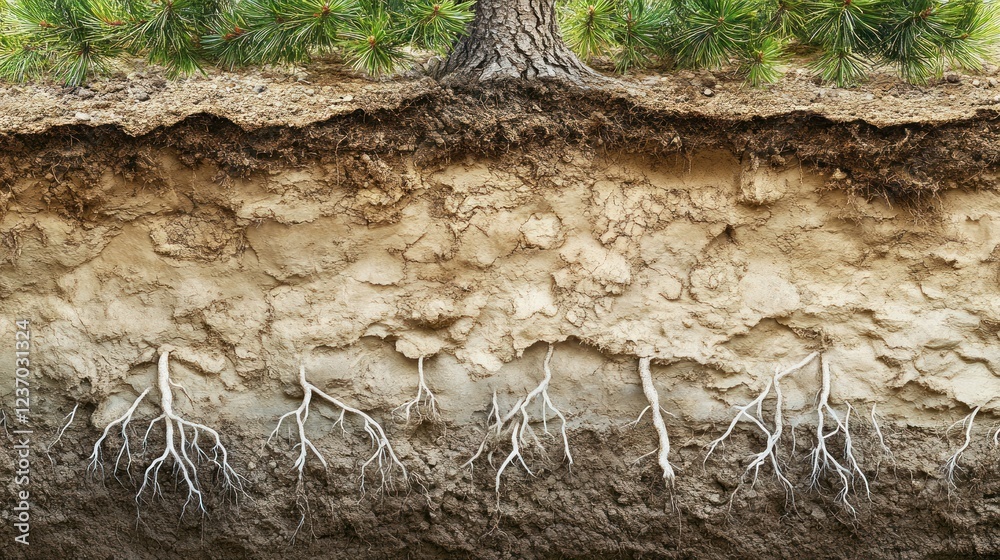 Cross-section soil layers, tree roots, forest background, educational ...