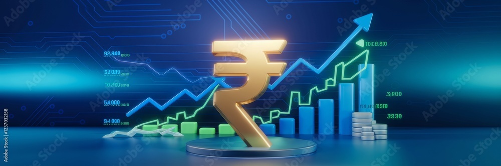 Indian Rupee Symbol with Floating Digital Growth Charts, Bar Graphs ...