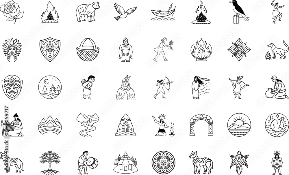 A collection of 40 minimalist line art illustrations depicting ...