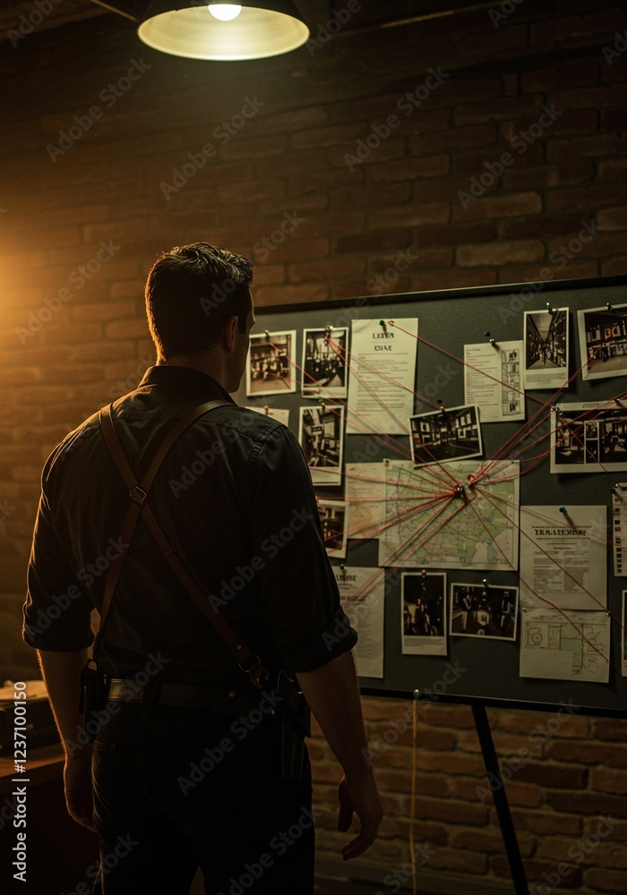 Detective studying evidence board in dark room with crime scene photos ...