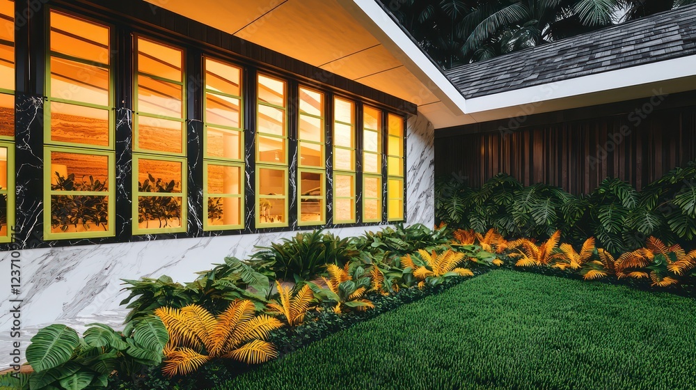 A modern architectural marvel with lemon lime windows and a white gable ...