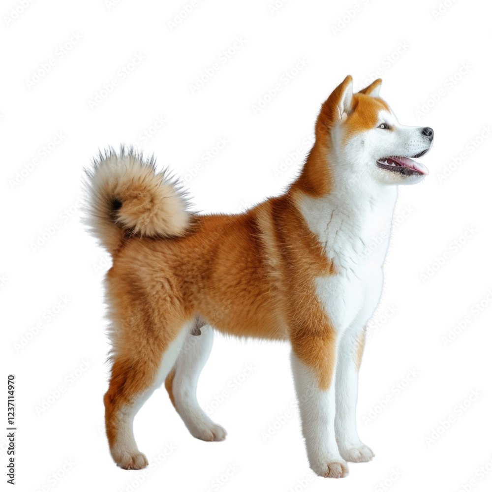 Akita dog standing proudly with fluffy tail and friendly expression ...