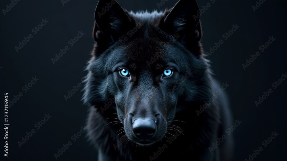 black wolf with blue eyes in front of camera on dark background Stock ...