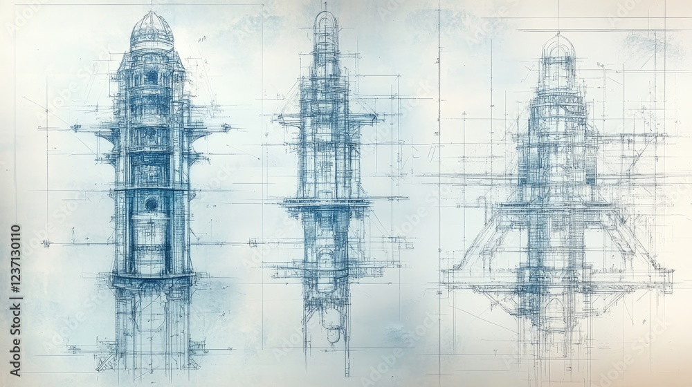 Blueprints for tall structures, without any humans depicted. Stock ...