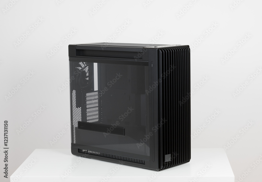 Side view of empty big tower, PC case, chassis, tempered-glass left ...