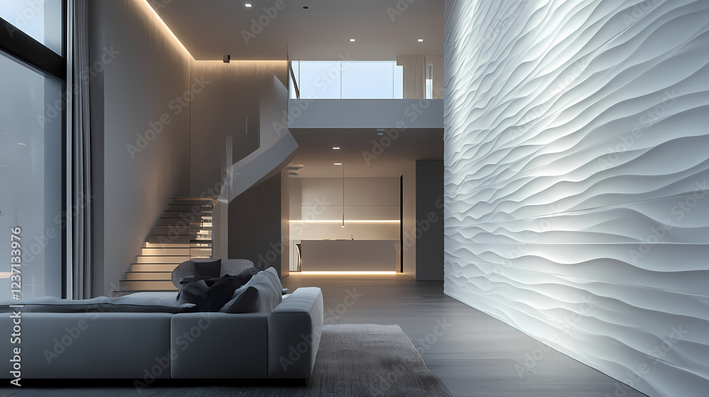 Contemporary interior with sculptural white wall panels hidden led ...