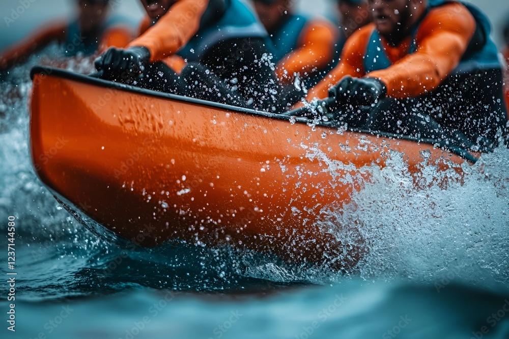 Dynamic close-up of a rowing team in an orange boat, splashing water ...