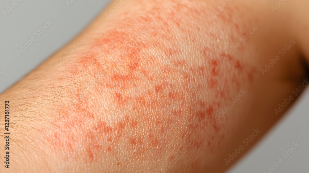 Red inflamed skin on a person’s arm showing signs of irritation and ...