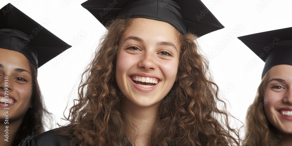 Three women are smiling and wearing graduation caps. They are all ...