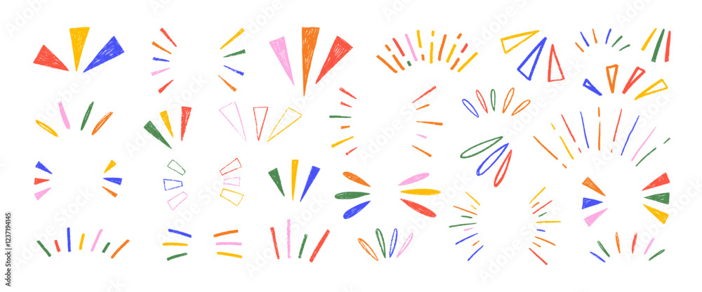 Colorful crayon drawn attention symbols, doodle expression signs ...