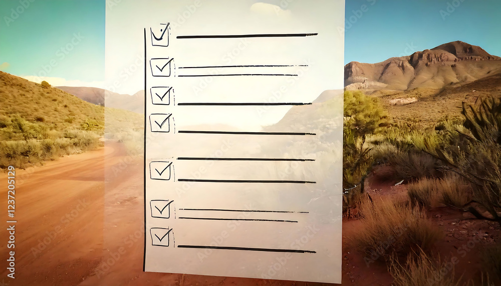 Stock-Foto „Hand-drawn checklist overlays a scenic desert road and ...