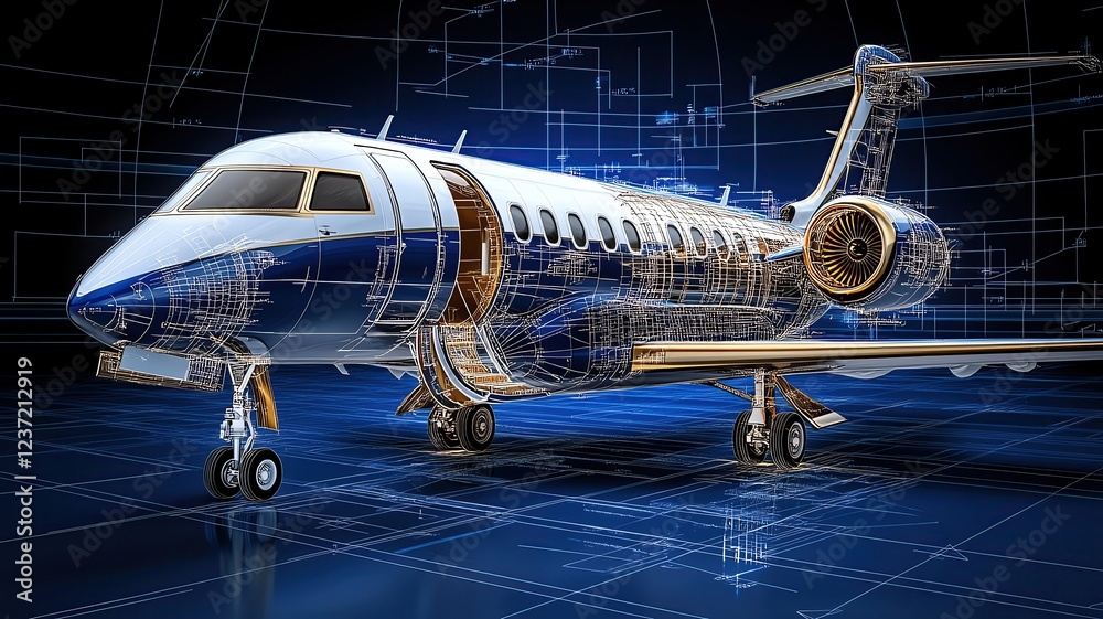 The professional Blueprint of a luxurious private jet, illustrating ...
