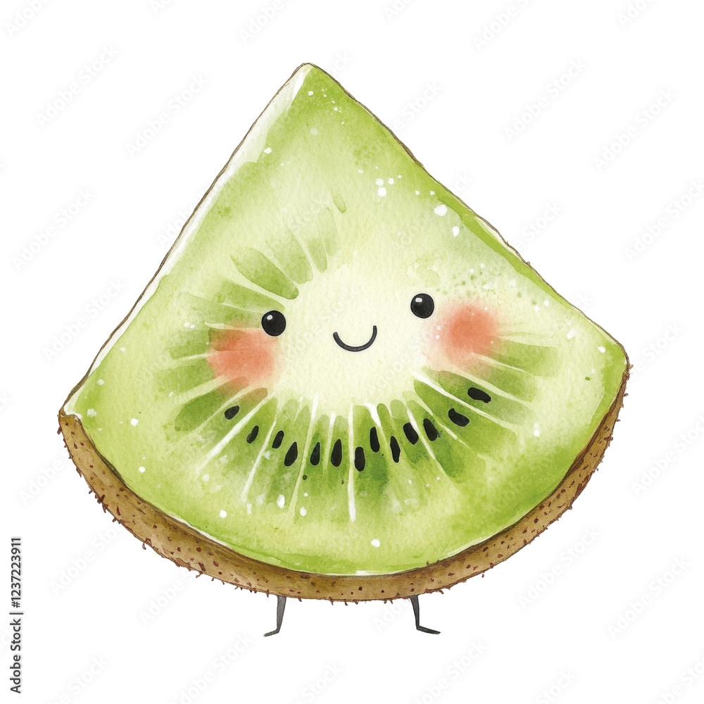 Cute smiling kiwi slice illustration with blush and stick legs on a ...