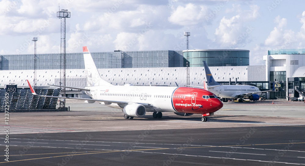 Copenhagen, Denmark: Norwegian airlines airplane at the airport Stock ...