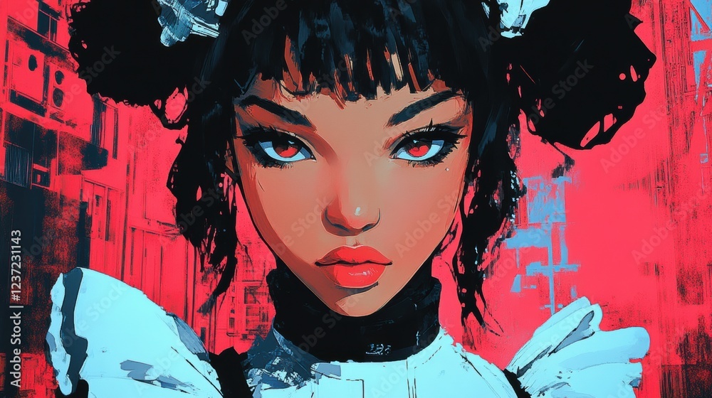 Futuristic anime girl with intense stare and bold colors in urban sci ...