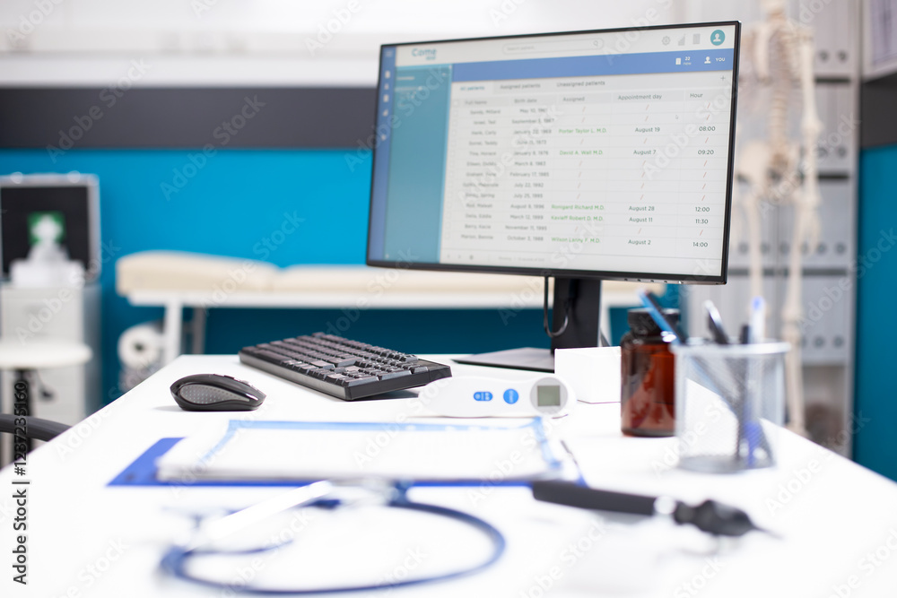 Clinical office with essential healthcare tool and medical data shown ...